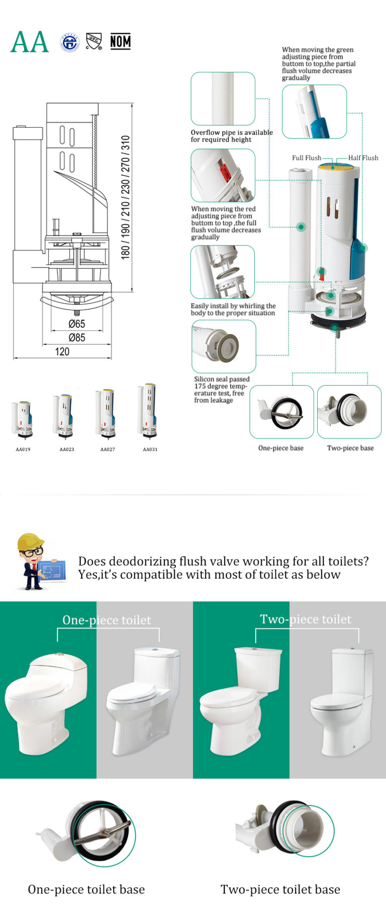 Toilet tank repair kits with adjustable anti-syphon design fill valve